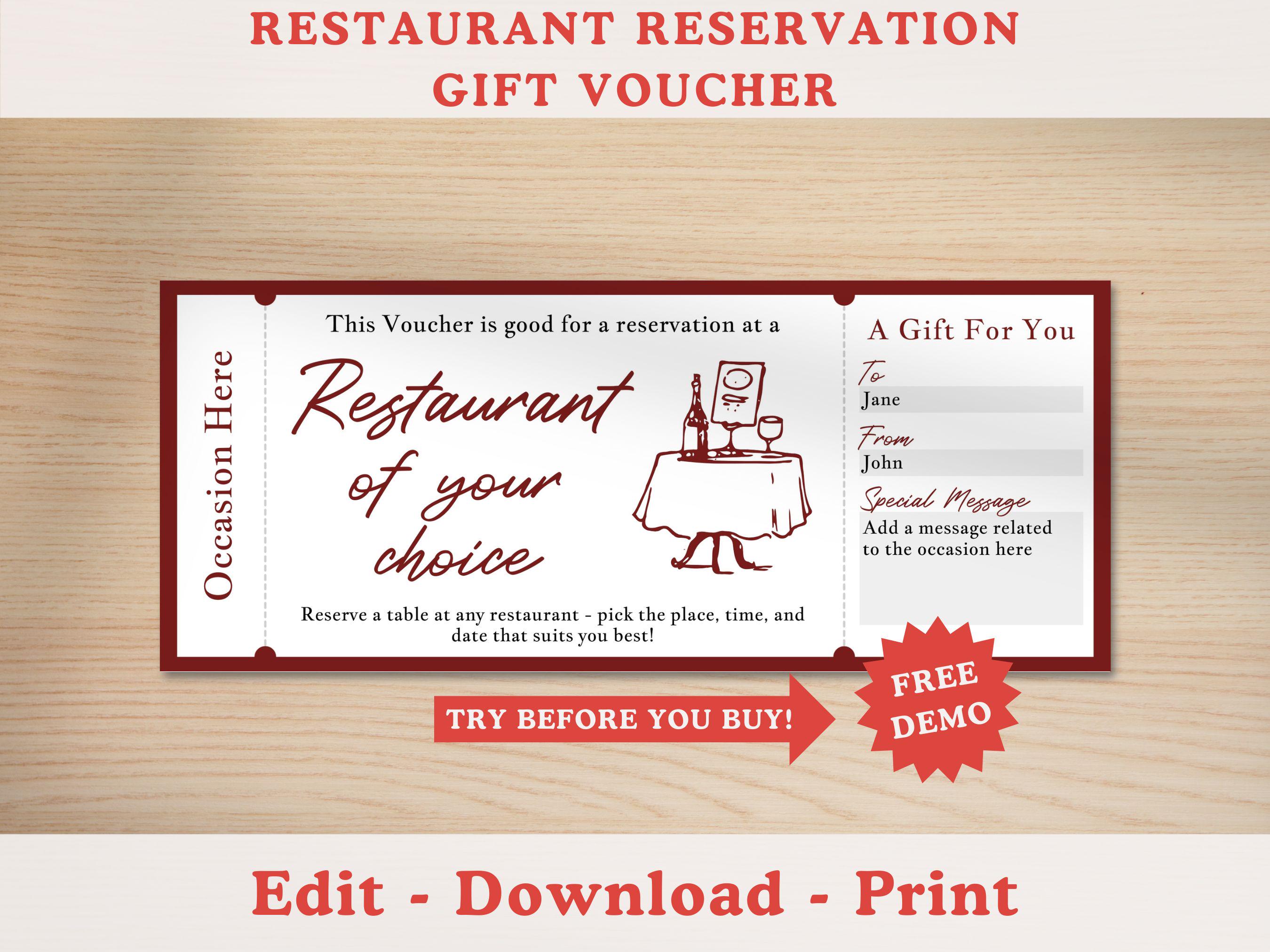Editable Restaurant Reservation Gift Voucher Template, Printable Gift ...