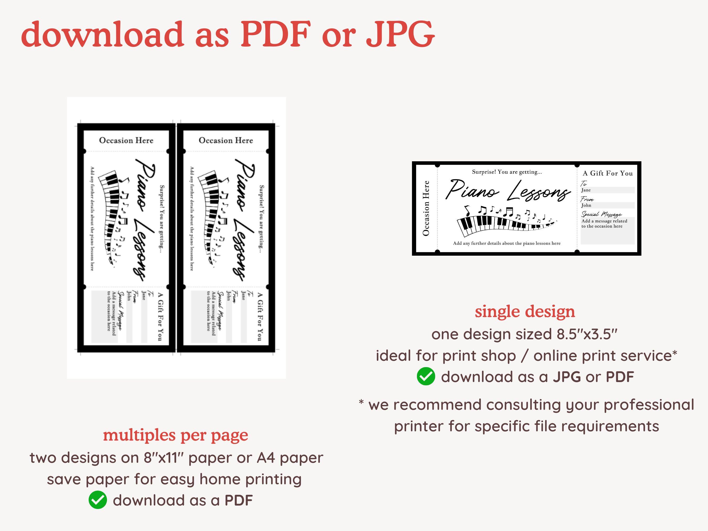 Editable Piano Lessons Gift Voucher Template, Printable Gift Ticket ...