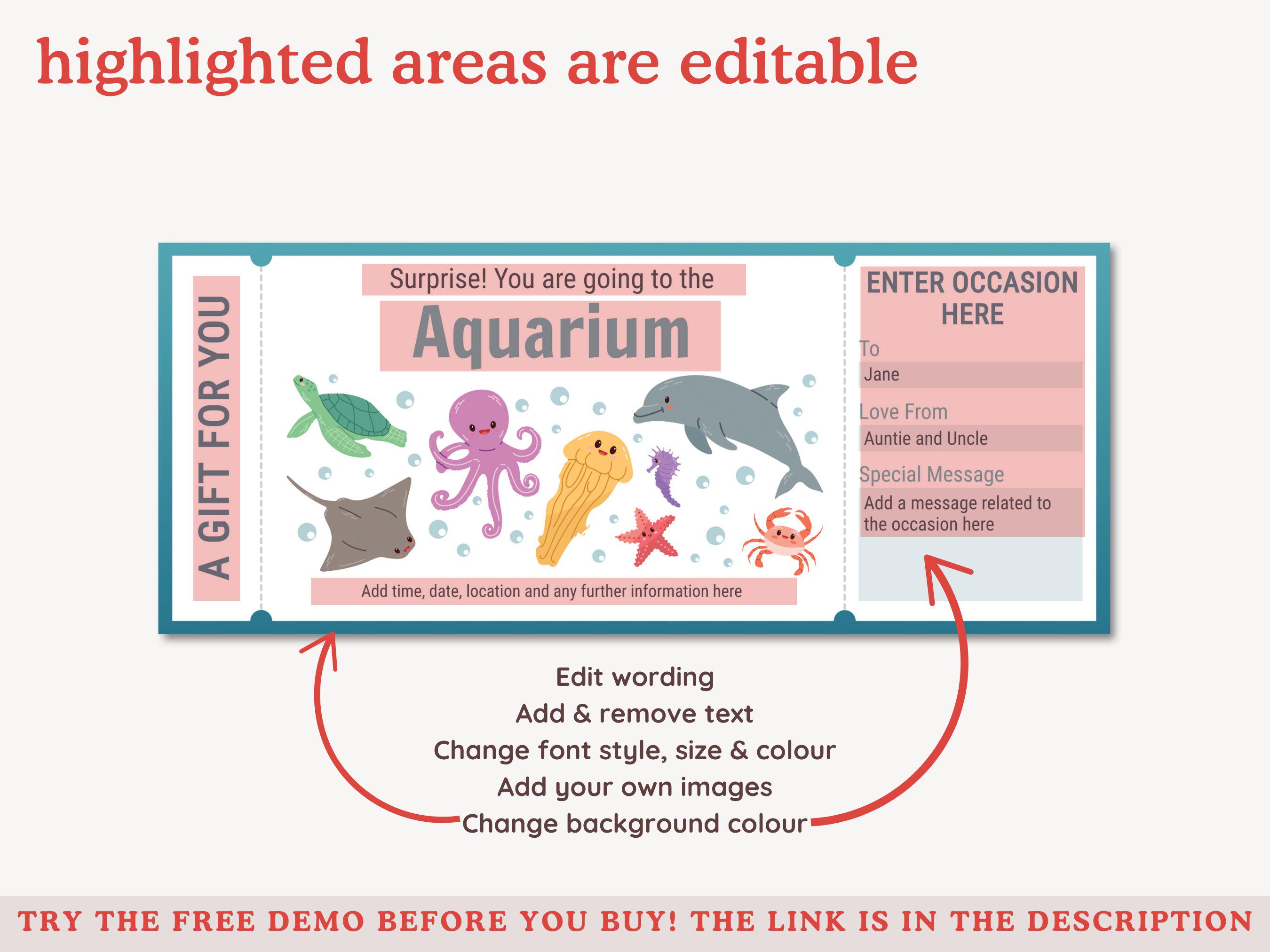 Editable Aquarium Gift Voucher Template, Aquarium Printable Gift Ticket ...