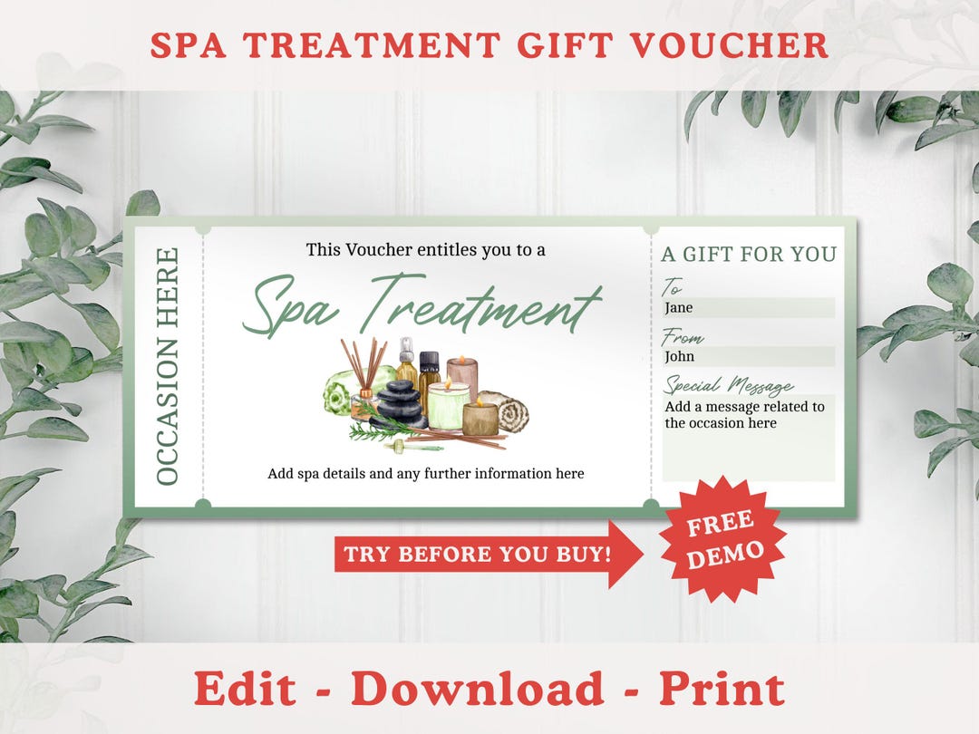 Editable Spa Treatment Gift Voucher Template, Spa Day Printable Gift ...