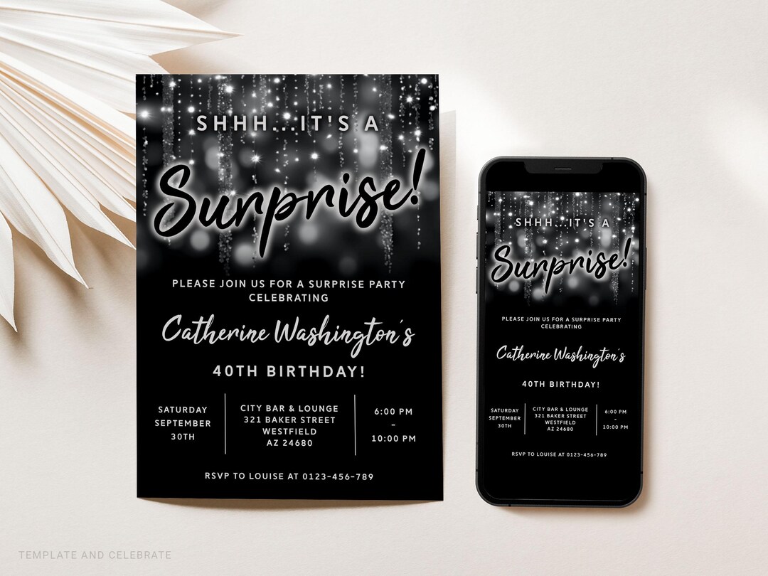 Editable Surprise Birthday Party Invitation Template, Printable Black ...
