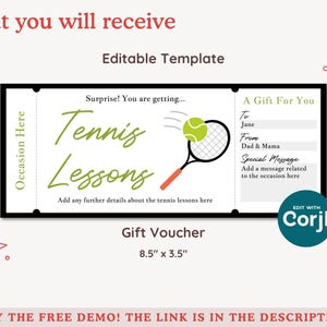 Editable Tennis Lessons Gift Voucher Template, Printable Gift Ticket ...
