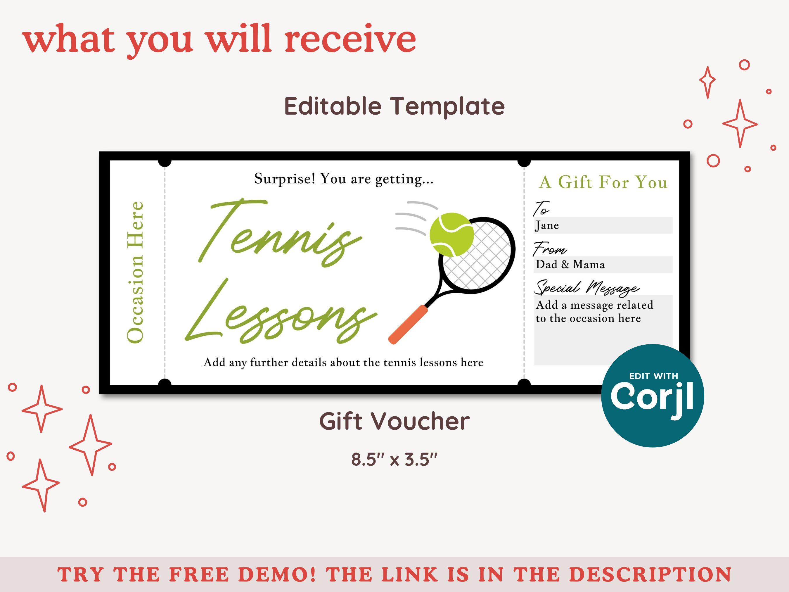 Editable Tennis Lessons Gift Voucher Template, Printable Gift Ticket ...