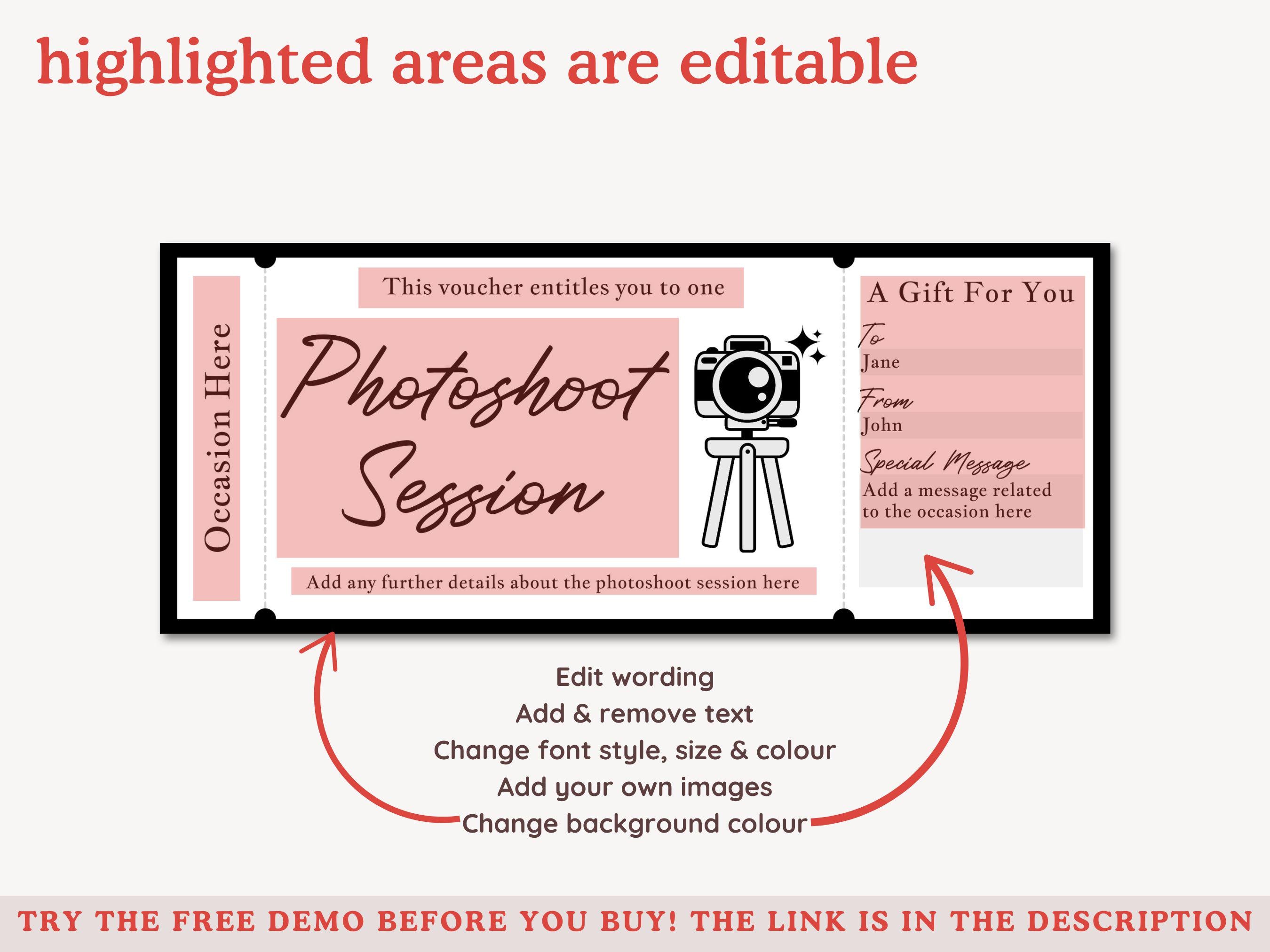 Editable Photoshoot Session Gift Voucher Template, Printable Gift ...