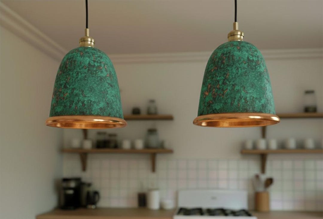 Set of 2 Aged Verdigris Copper Pendant Lights – Pair of Dome Fixtures ...