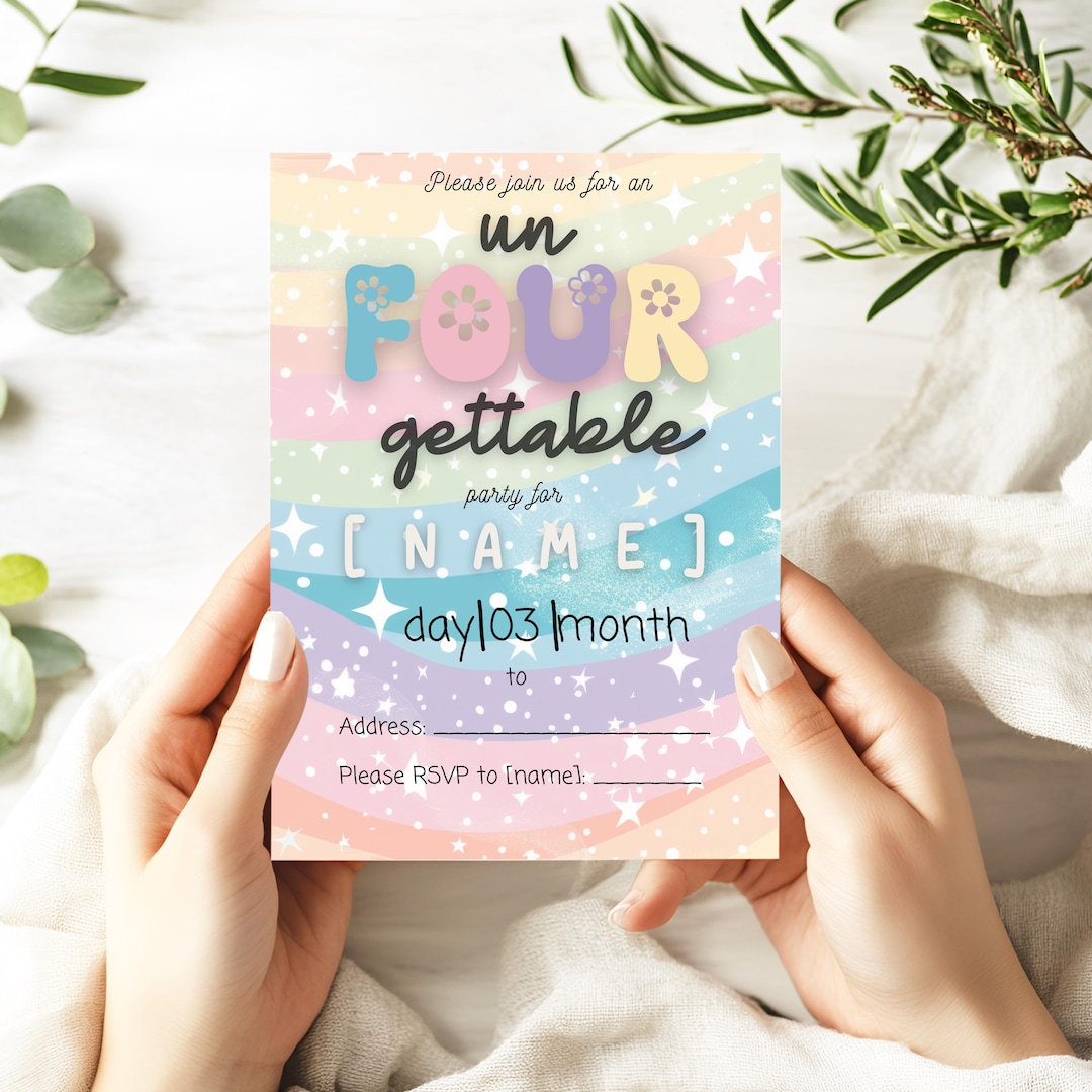 Editable 4th Birthday Invitation – Un-four-gettable Rainbow Theme ...