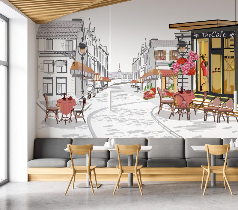 Old Street View Cafe Wallpaper – Peel and Stick Wall Mural - Etsy