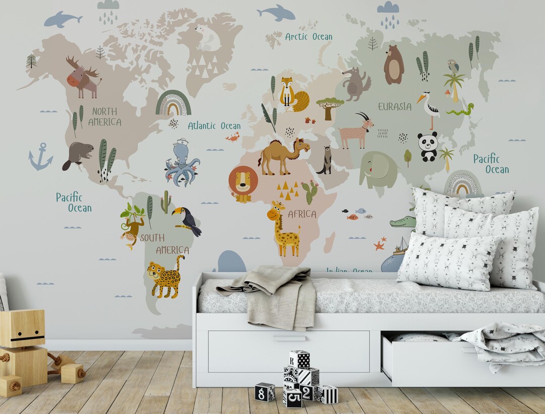 Animal World Map Educational Wall Map Peel And Stick Wallpaper Kids