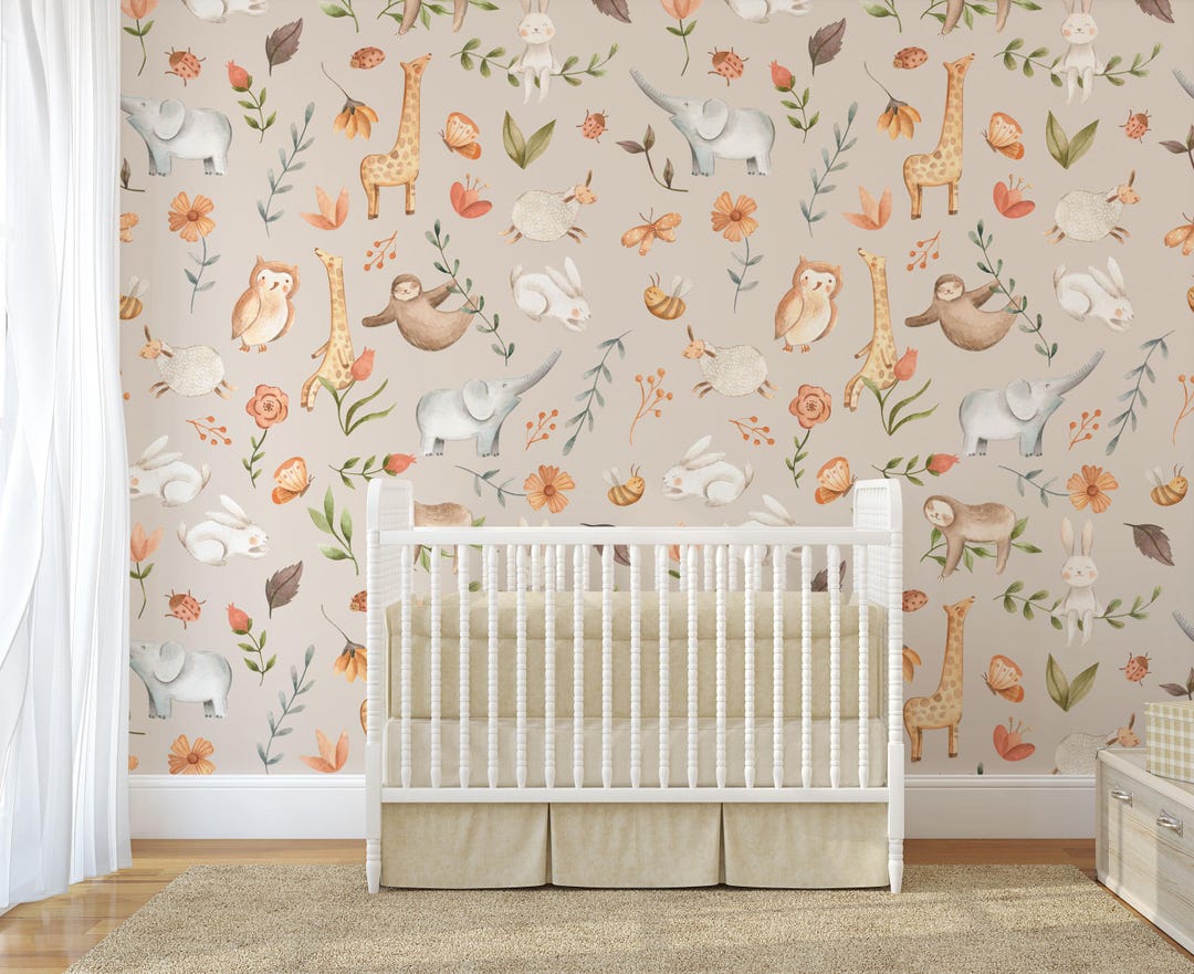 Beige Animals Pattern Wallpaper, Kids Wallpaper, Peel and Stick ...