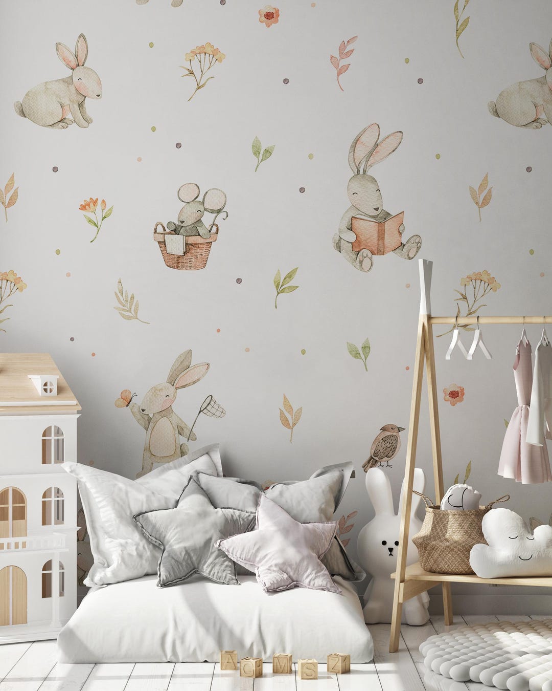 Cute Rabbit Pattern Wallpaper, Peel and Stick Removable Nursery Wall ...