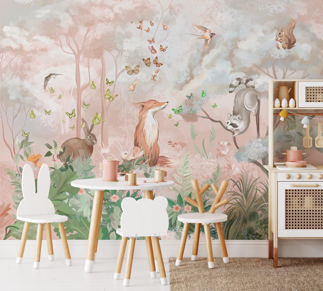 Pink Forest Animals Wallpaper – Peel and Stick Nursery Wall Mural - Etsy