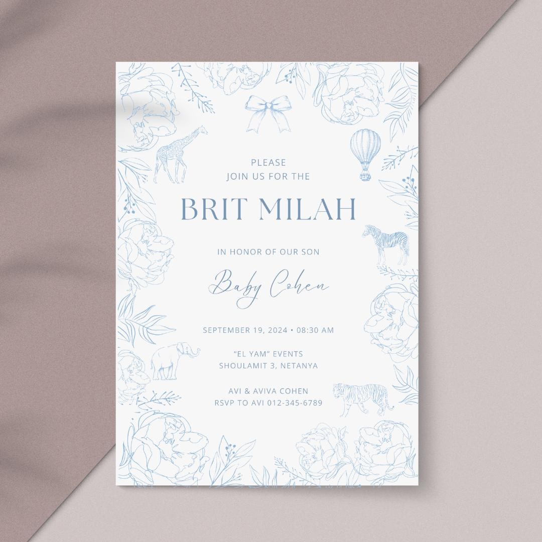 Personalized Brit Milah Invitation in English Blue Animals Theme ...