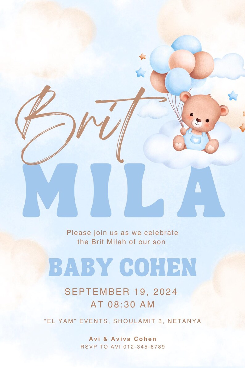 Personalized Brit Milah Invitation in English Teddy Blue Theme Digital ...