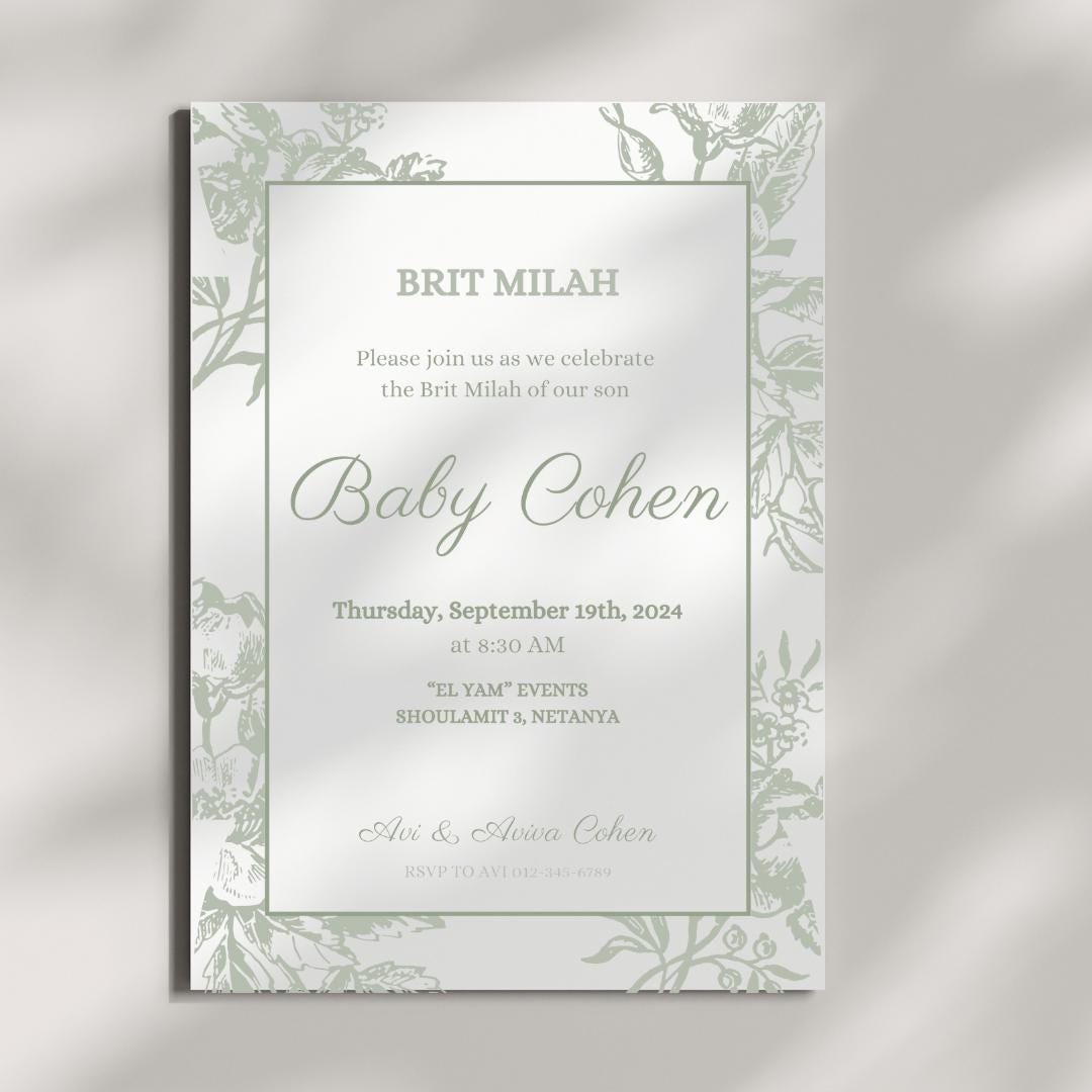Personalized Brit Milah Invitation in English Sage Green Theme Digital ...