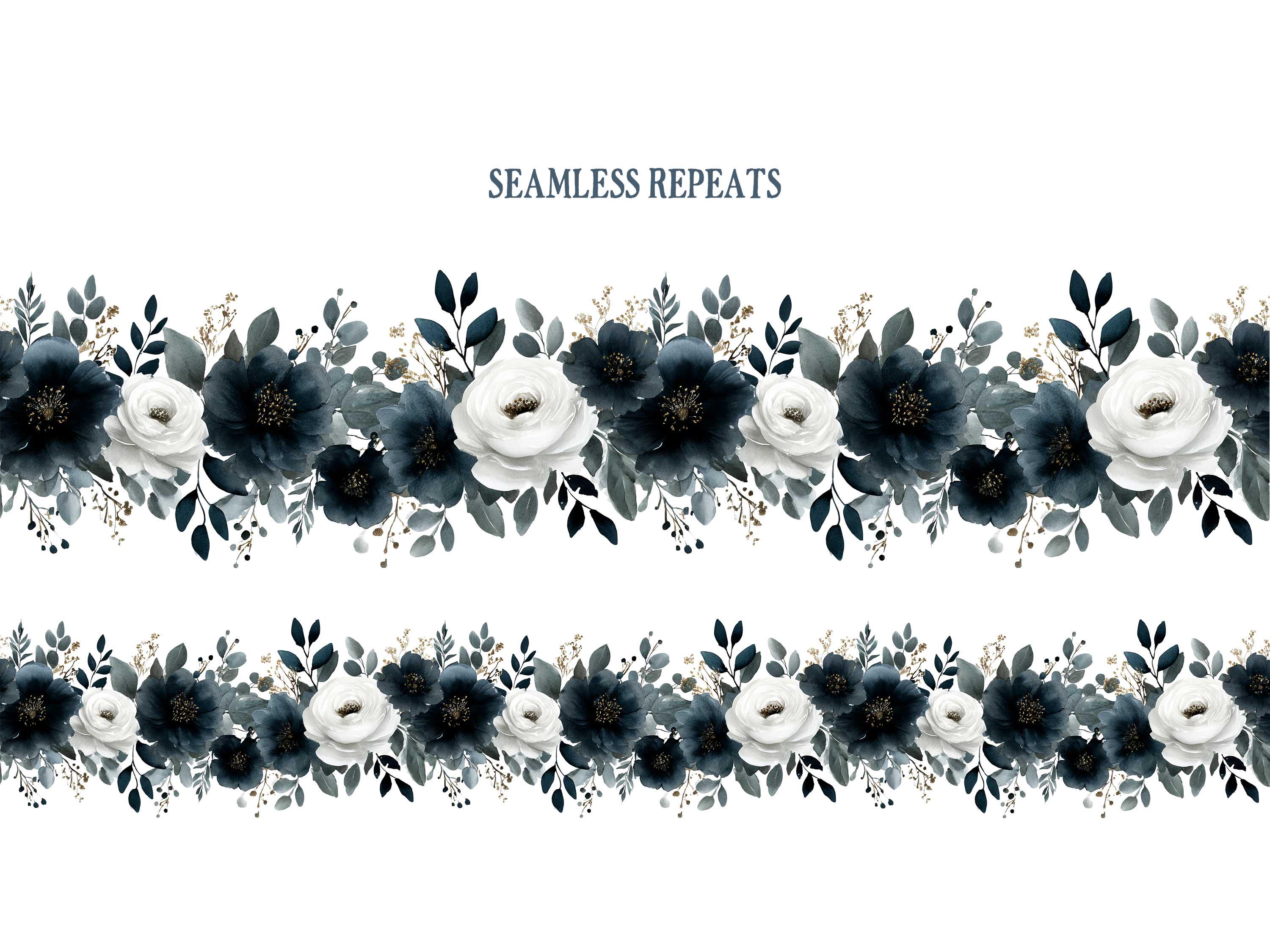 Charcoal and Navy, Watercolour Seamless Floral Border, Modern Wedding ...