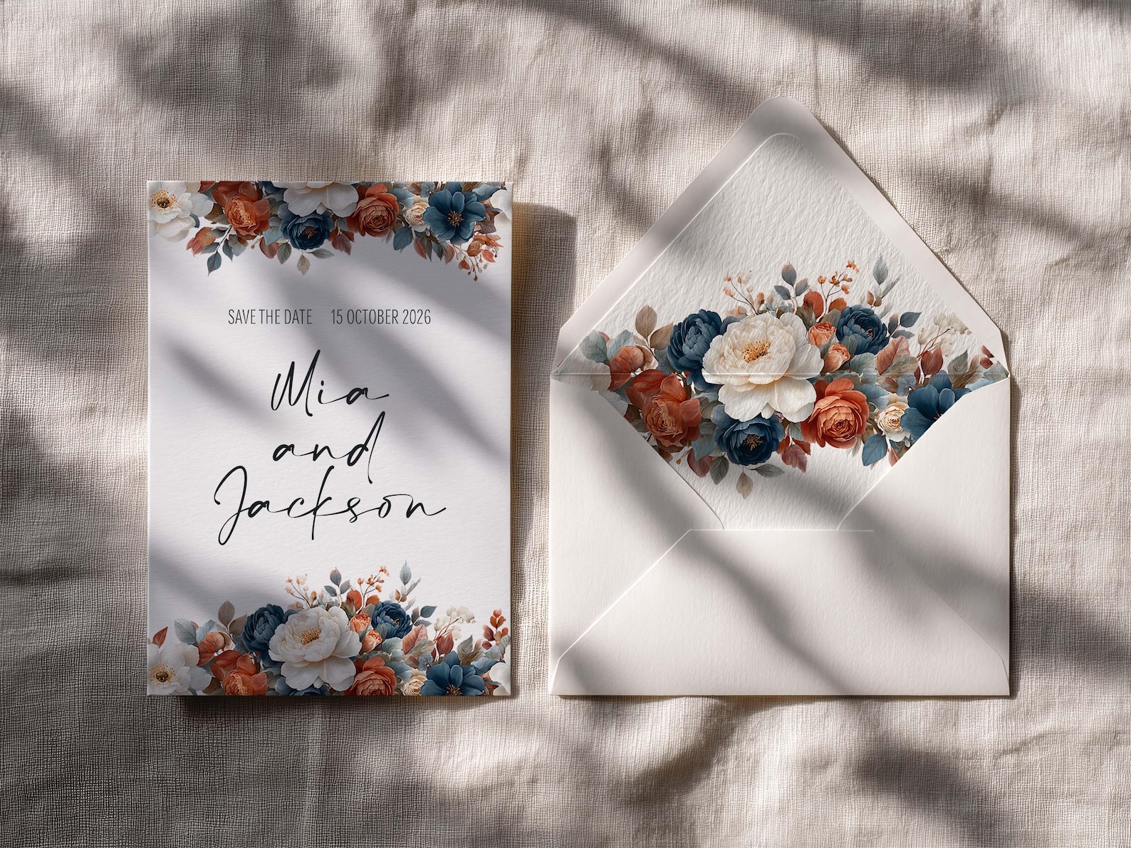 Navy and Rust, Watercolour Seamless Floral Border, Wedding Invitation ...