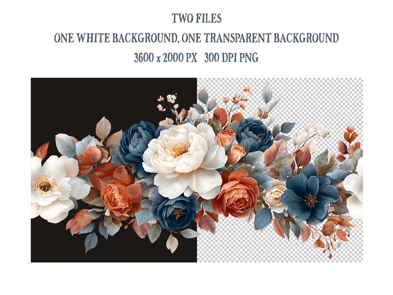 Navy and Rust, Watercolour Seamless Floral Border, Wedding Invitation ...