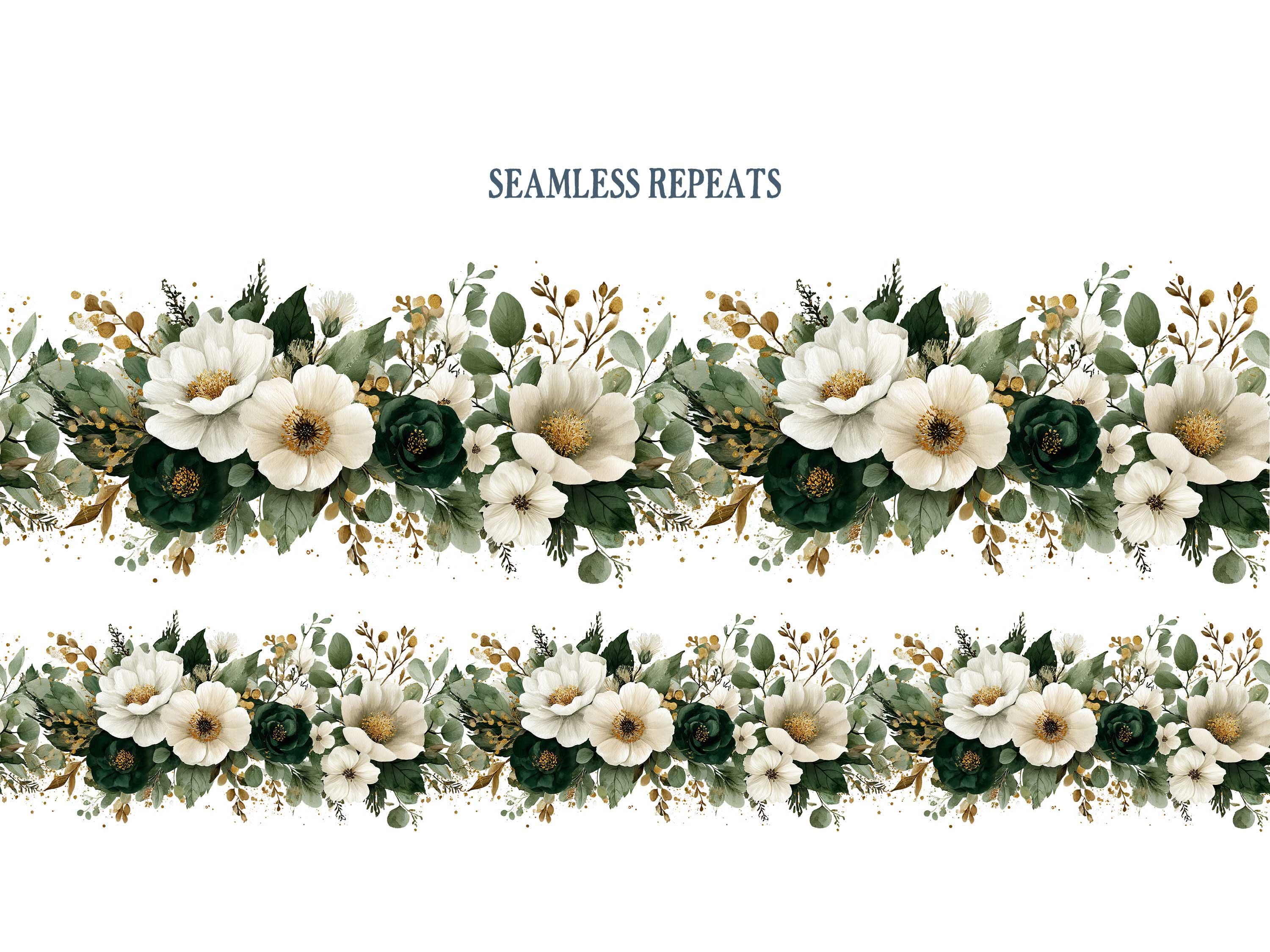 Emerald and Gold, Watercolour Seamless Floral Border, Romantic Wedding ...