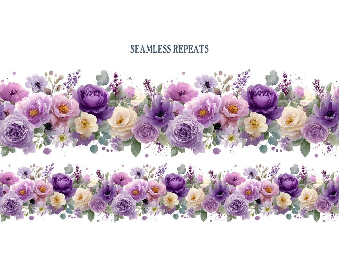Lavender and Mauve, Watercolour Seamless Floral Border, Romantic ...