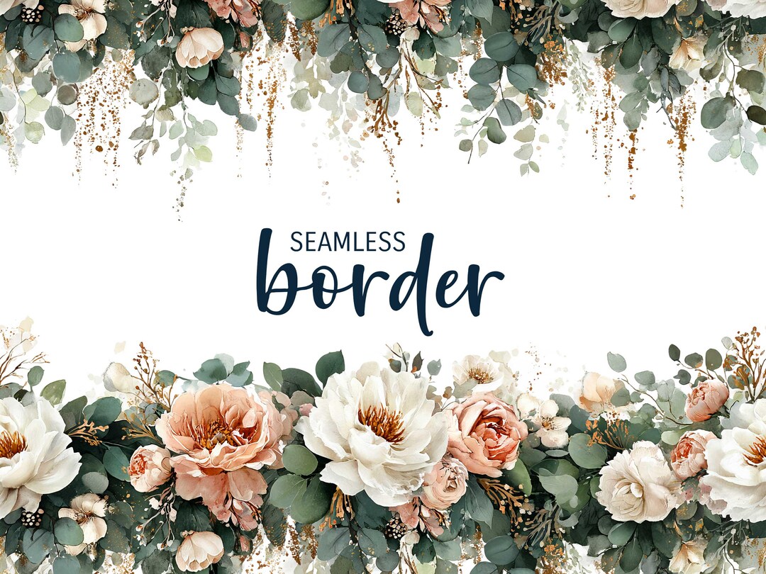 Peach and Sage, Watercolor Seamless Floral Border, Romantic Wedding ...