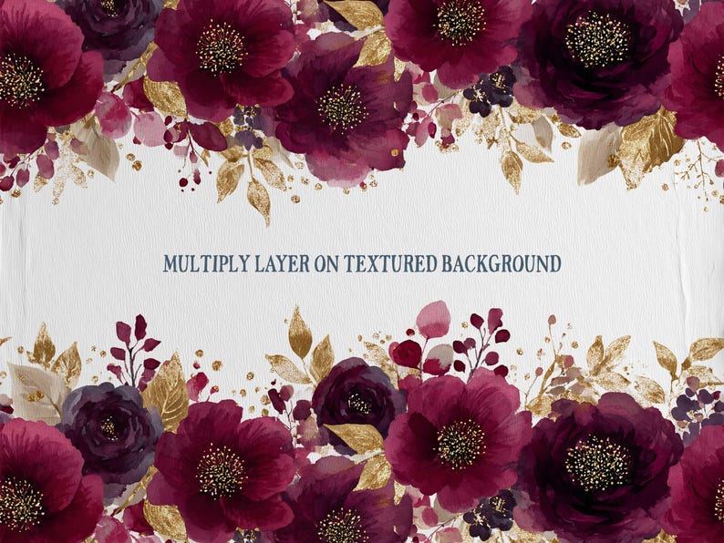 Burgundy and Gold, Watercolor Seamless Floral Border, Modern Wedding ...