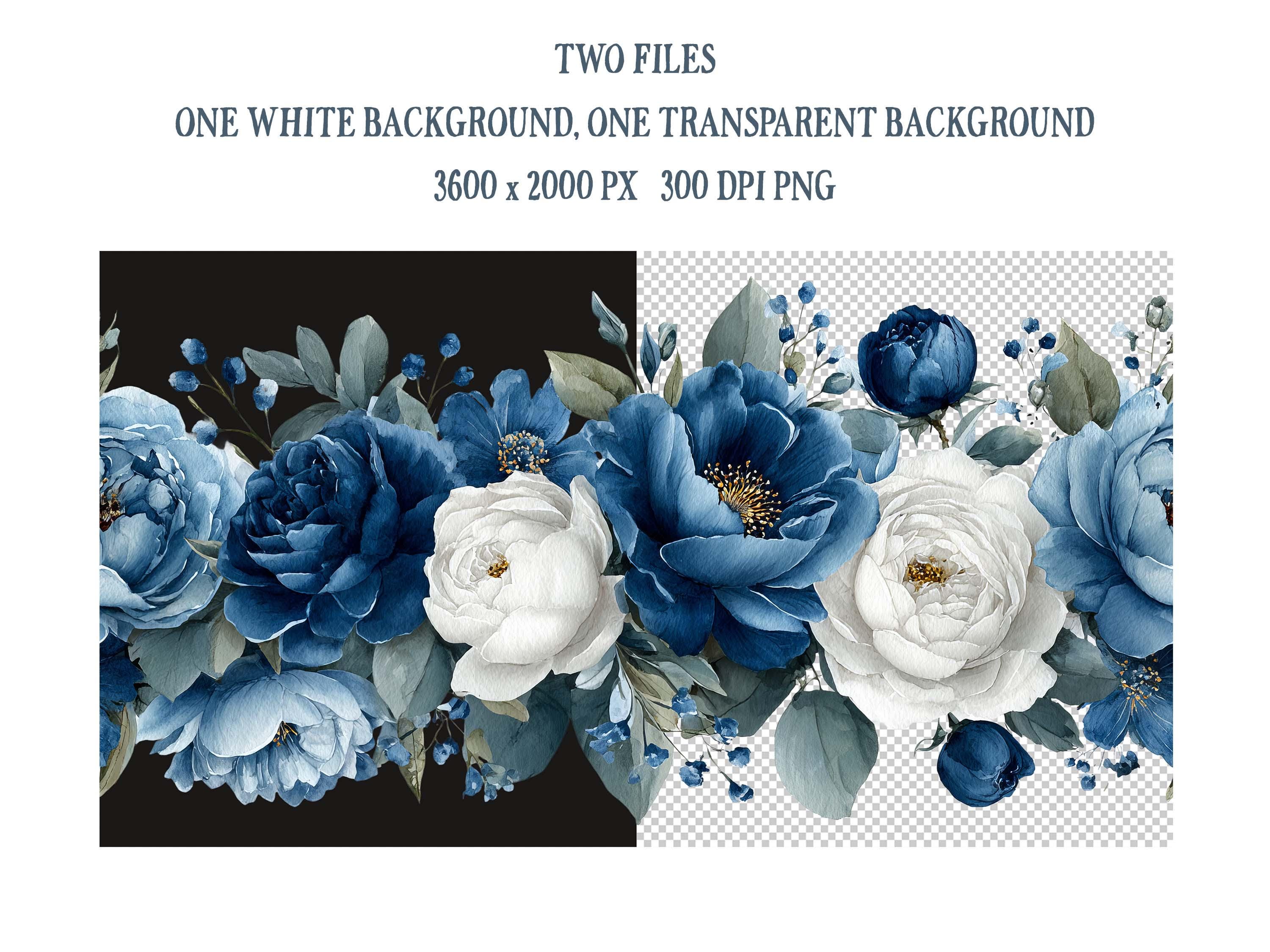 Dusty Blue and Navy, Watercolour Seamless Floral Border, Romantic ...