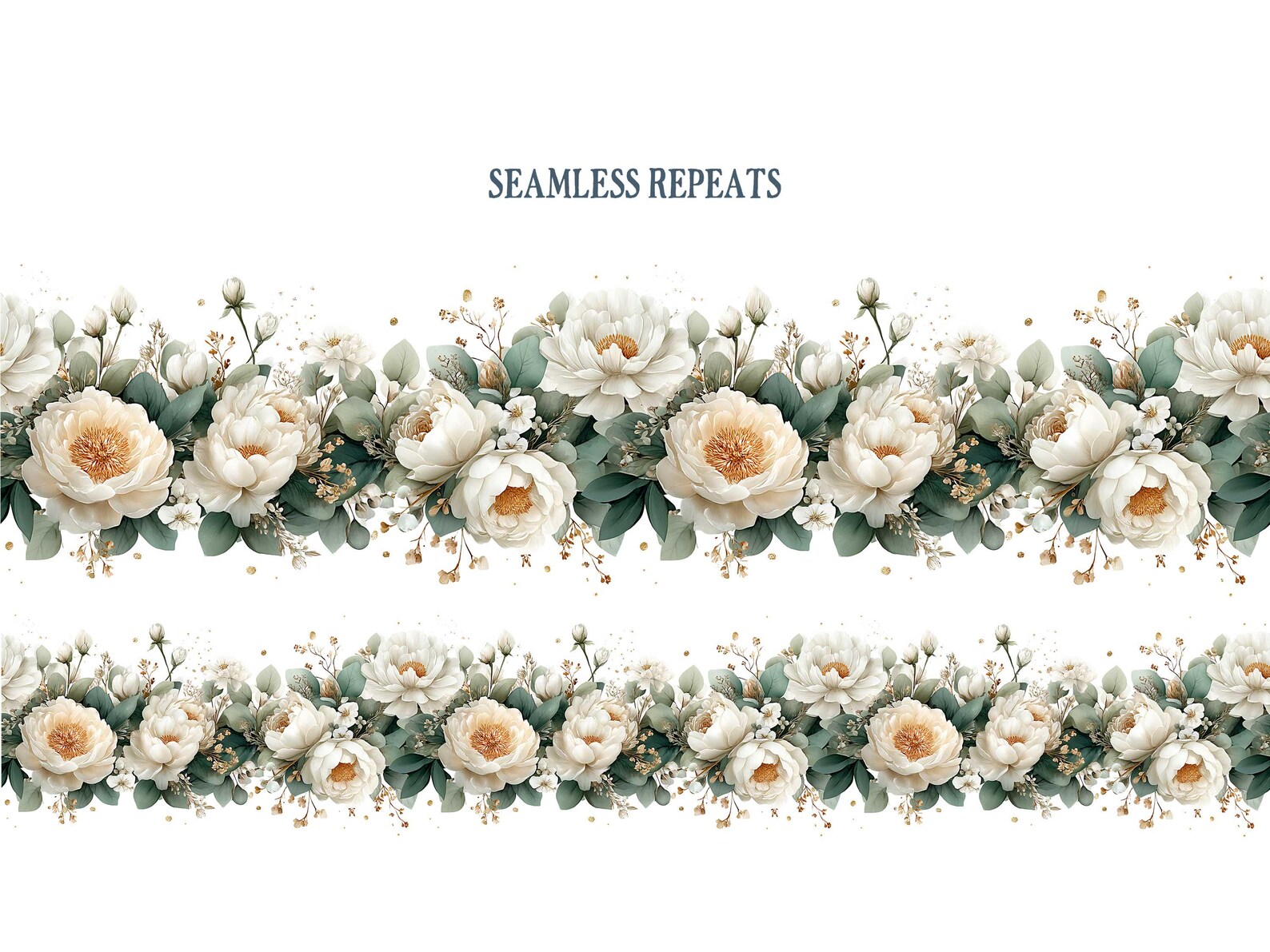 Ivory and Eucalyptus, Watercolour Seamless Floral Border, Wedding ...
