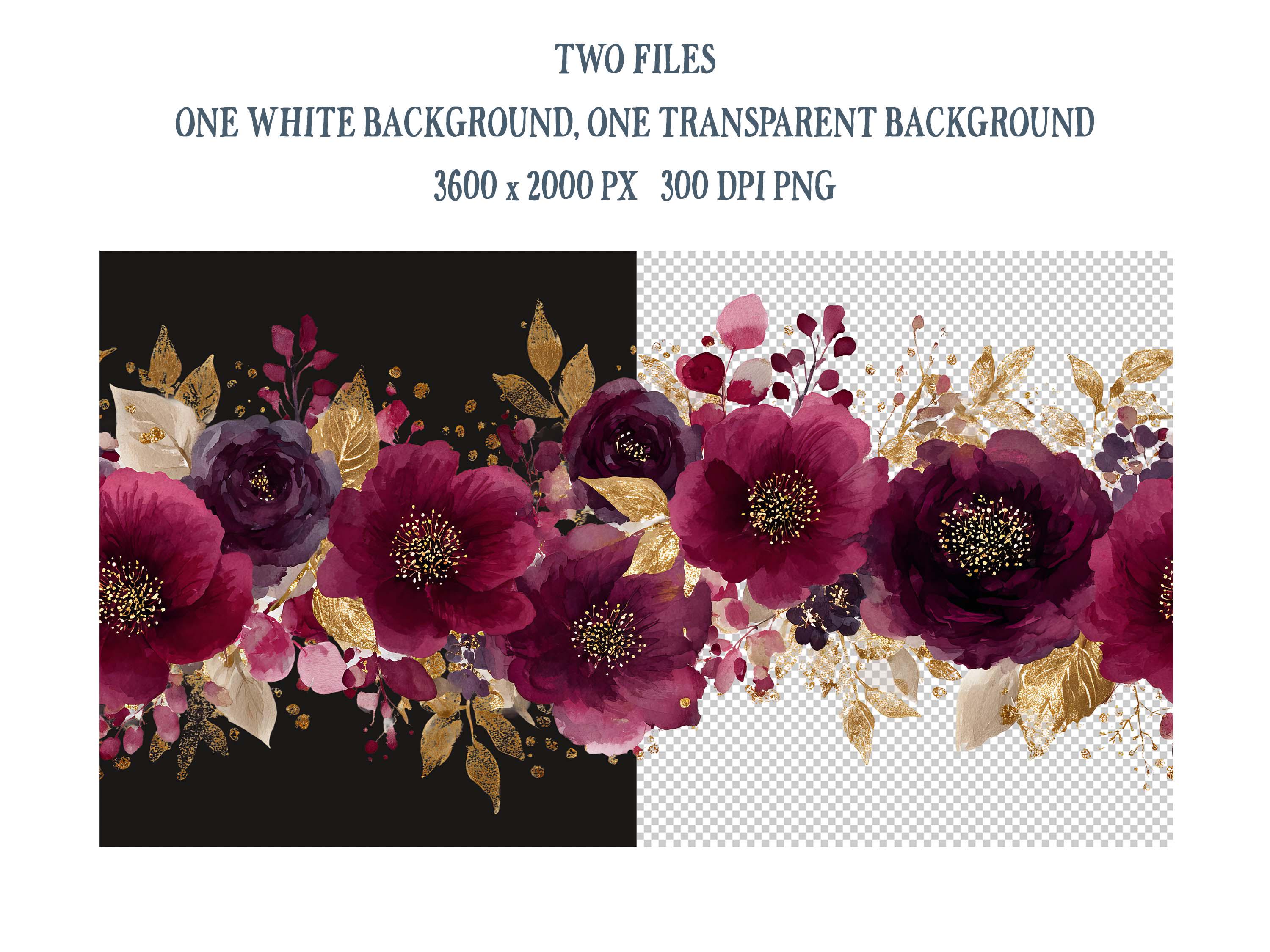 Burgundy and Gold, Watercolor Seamless Floral Border, Modern Wedding ...