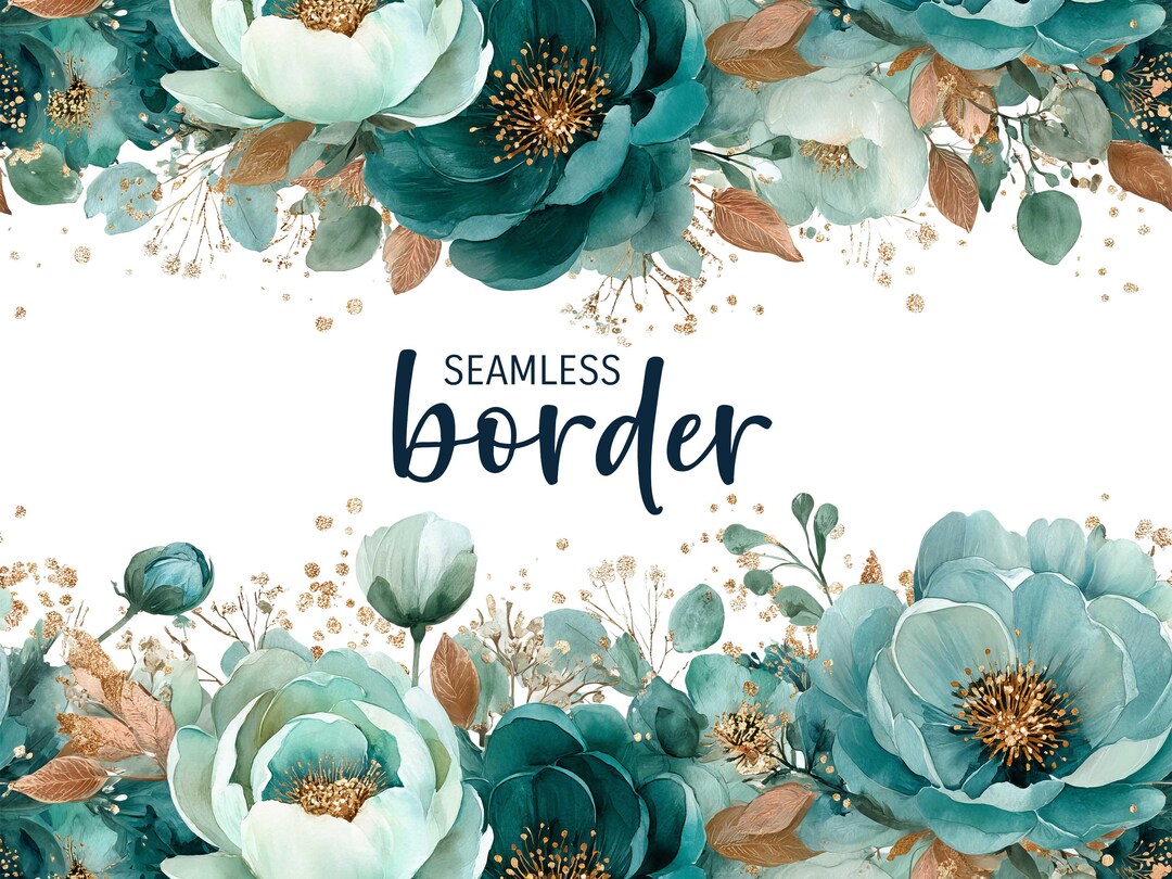 Teal and Turquoise, Watercolour Seamless Floral Border, Wedding ...