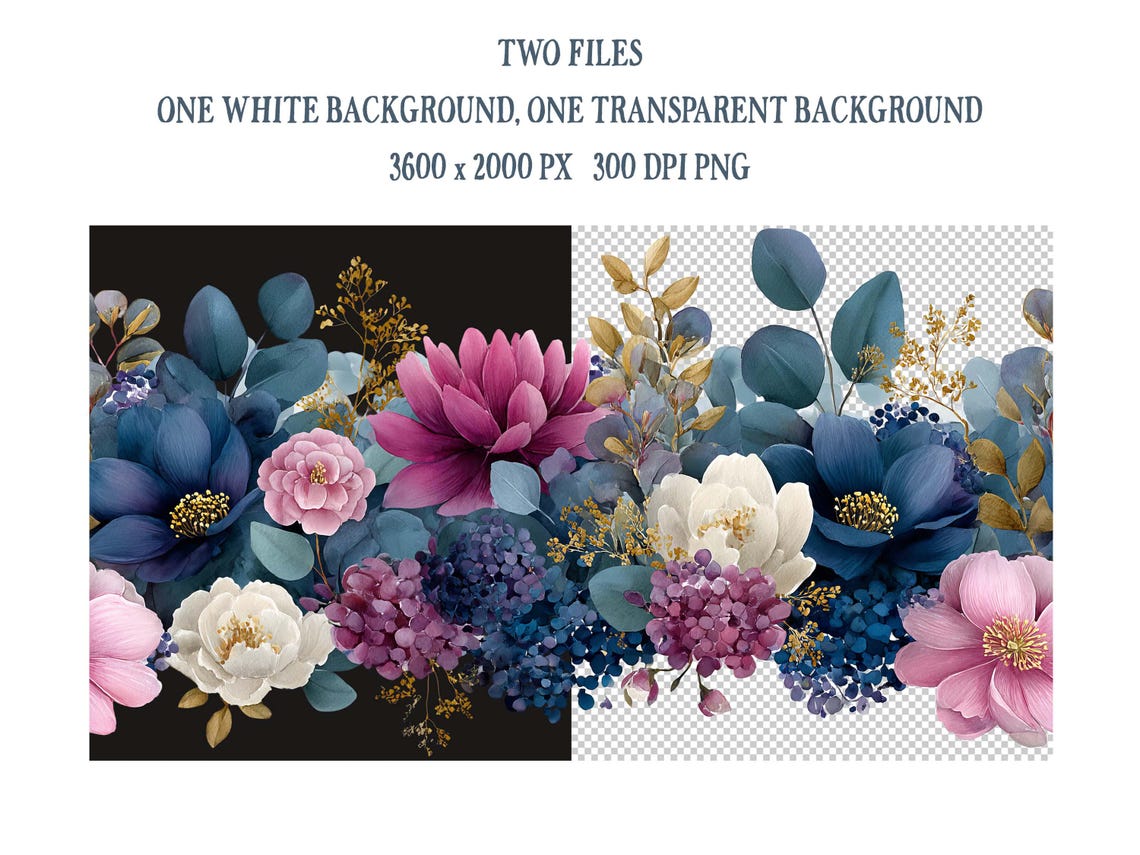 Navy and Plum, Watercolour Seamless Floral Border, Romantic Wedding ...