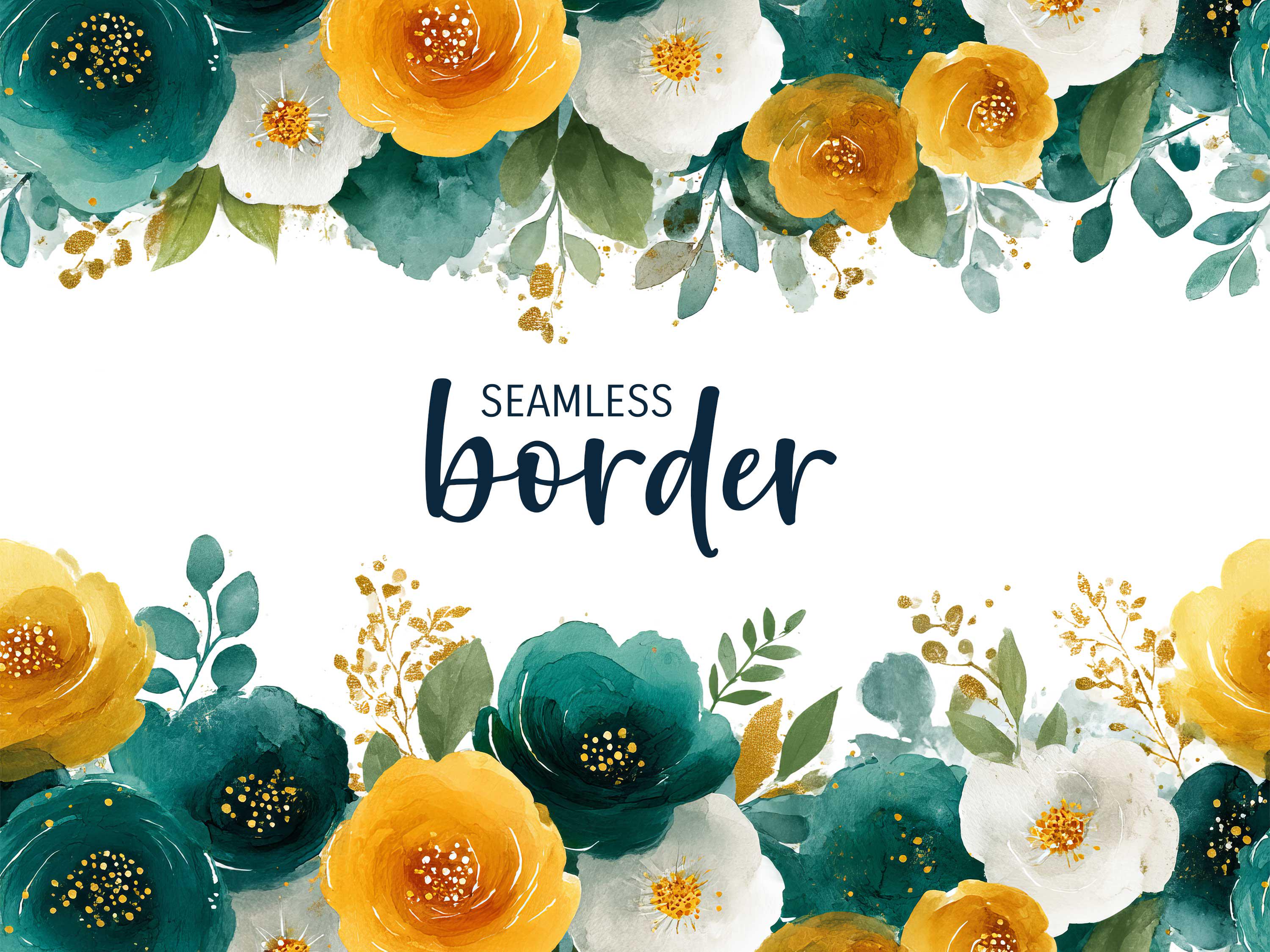 Mustard and Emerald, Watercolour Seamless Floral Border, Modern Wedding ...