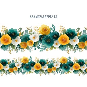 Mustard and Emerald, Watercolour Seamless Floral Border, Modern Wedding ...