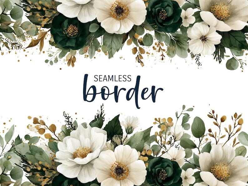 Emerald and Gold, Watercolour Seamless Floral Border, Romantic Wedding ...