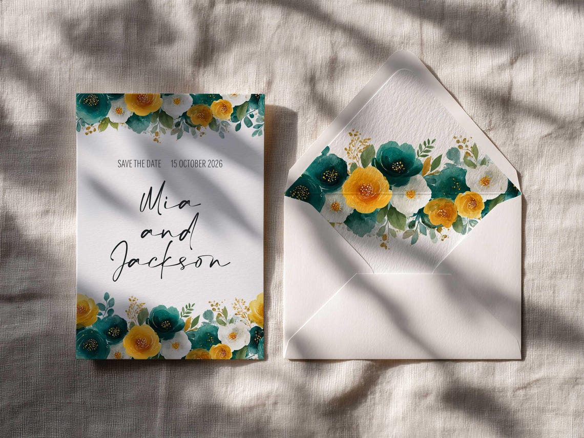 Mustard and Emerald, Watercolour Seamless Floral Border, Modern Wedding ...