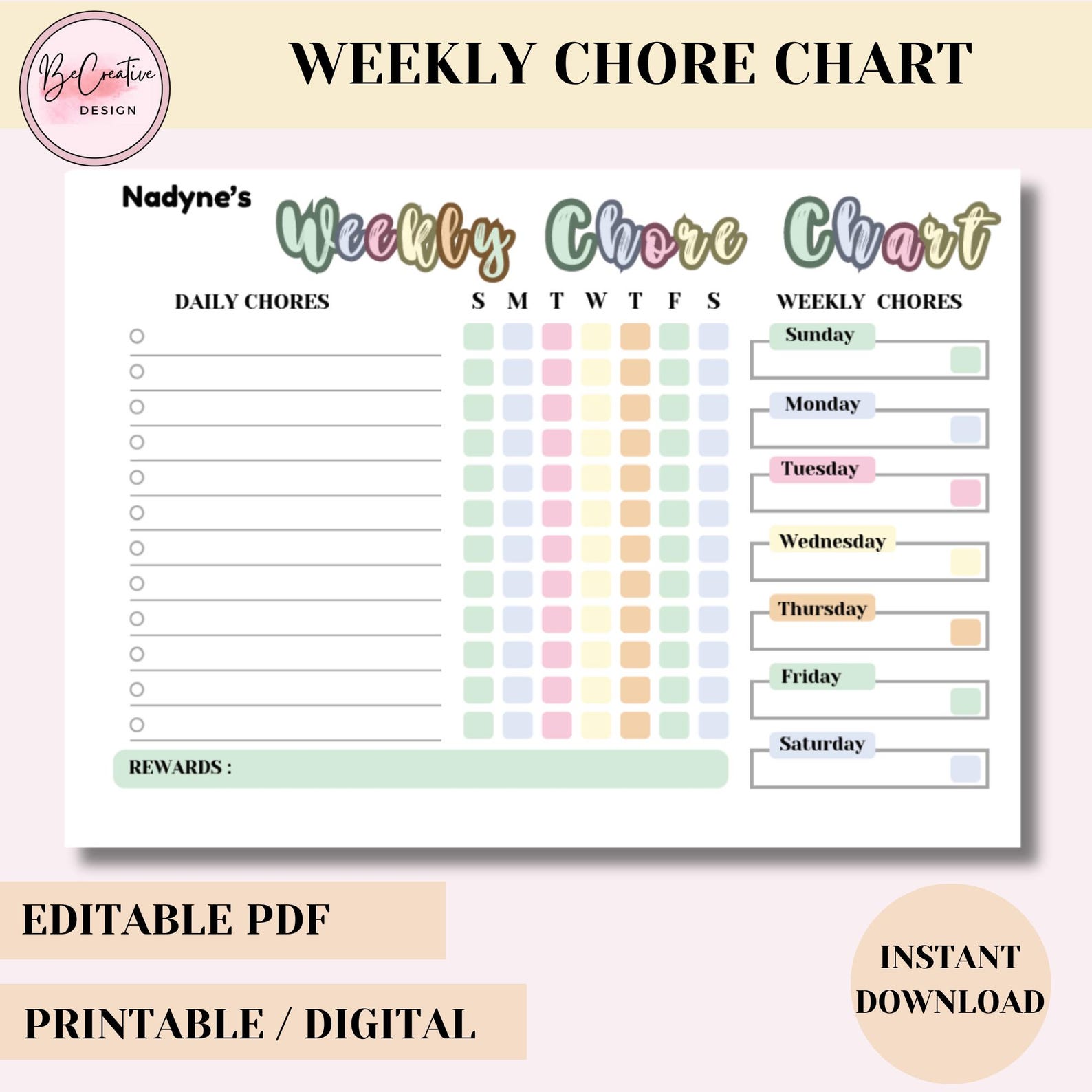 Editable Chore Chart for Kids | Printable | Kids Daily Weekly ...