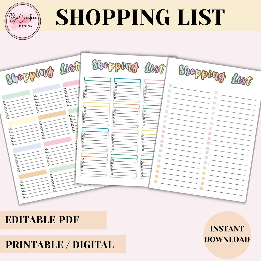 Editable Shopping List Template: Printable Grocery Checklist (digital ...