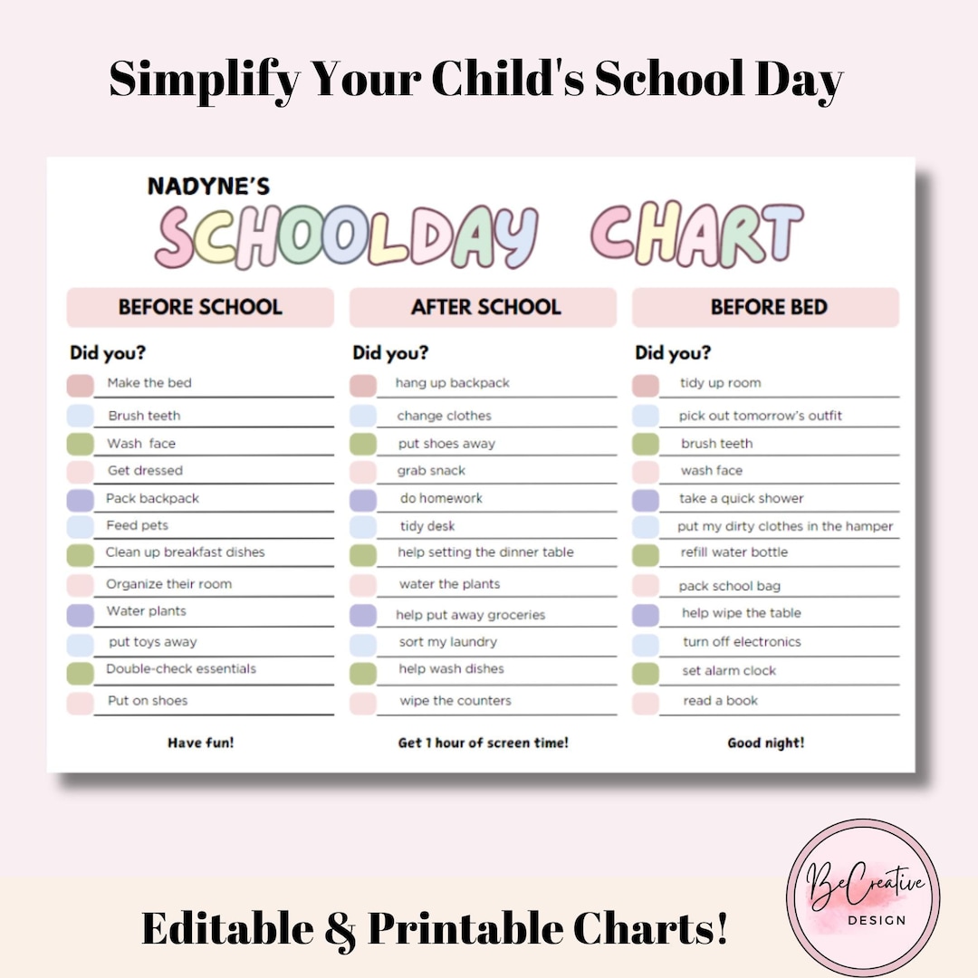 Editable School Day Chart for Kids | Visual Routine & Schedule Planner ...