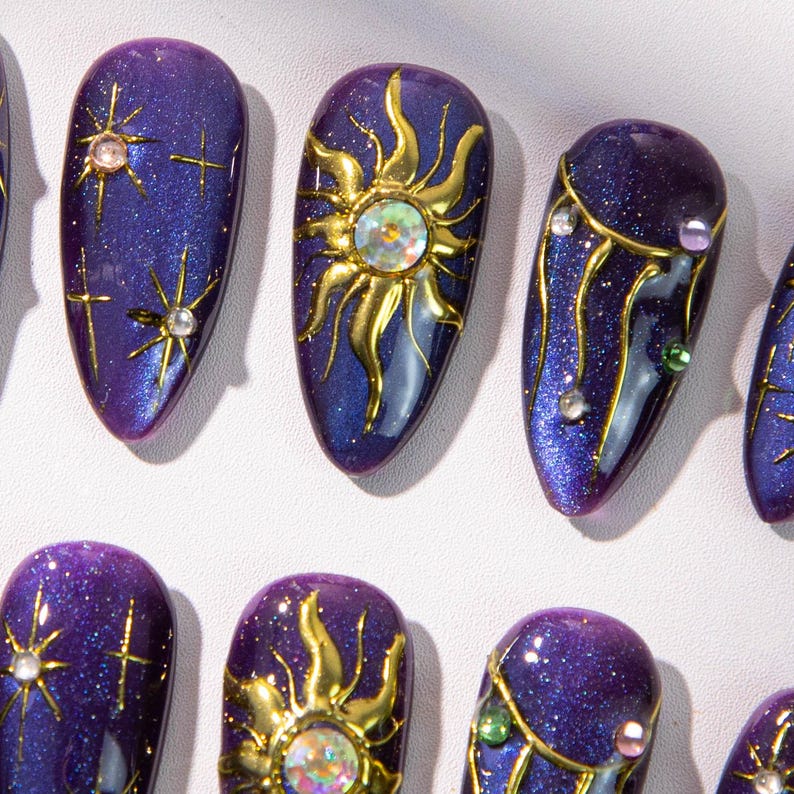 Galaxy Press on Nails: Sun, Moon, Starburst Nail Art - Etsy
