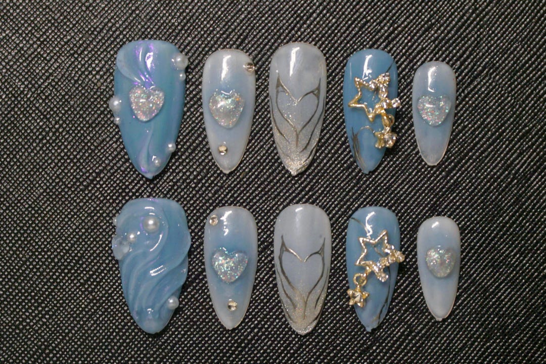 Water Ripple Nails/ice Blue Gradient Nails/clear Crystal Nails/gel ...