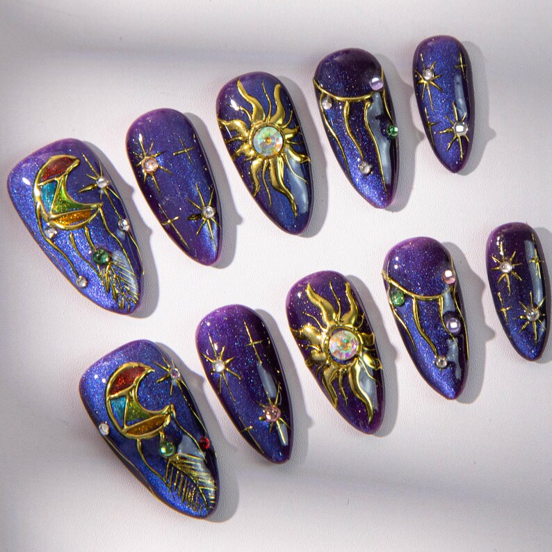 Galaxy Press on Nails: Sun, Moon, Starburst Nail Art - Etsy