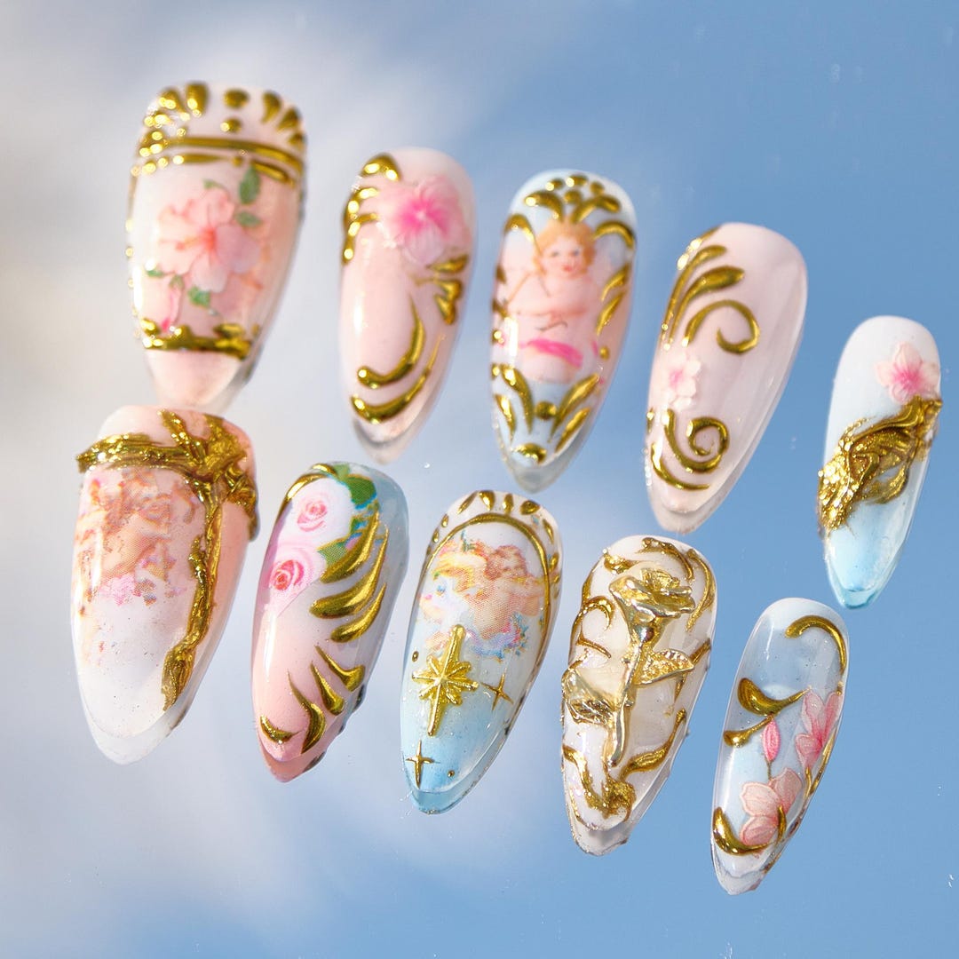 Hand Painted Dreamy Angel Nails |party Nails| Custom Acrylic Nails ...