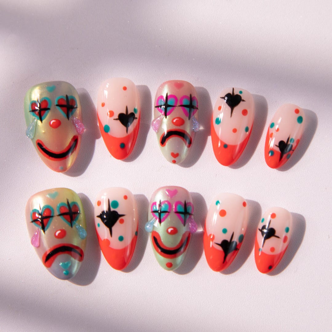 Sad Clown Press on Nails | Colorful Heart Face Nail Art | 3D Tear Drop ...
