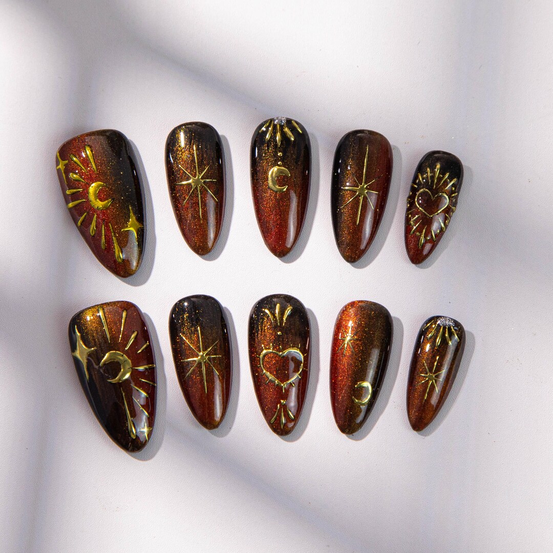 Celestial Sun and Moon Press-on Nails | Golden Stars | Galaxy Fake ...