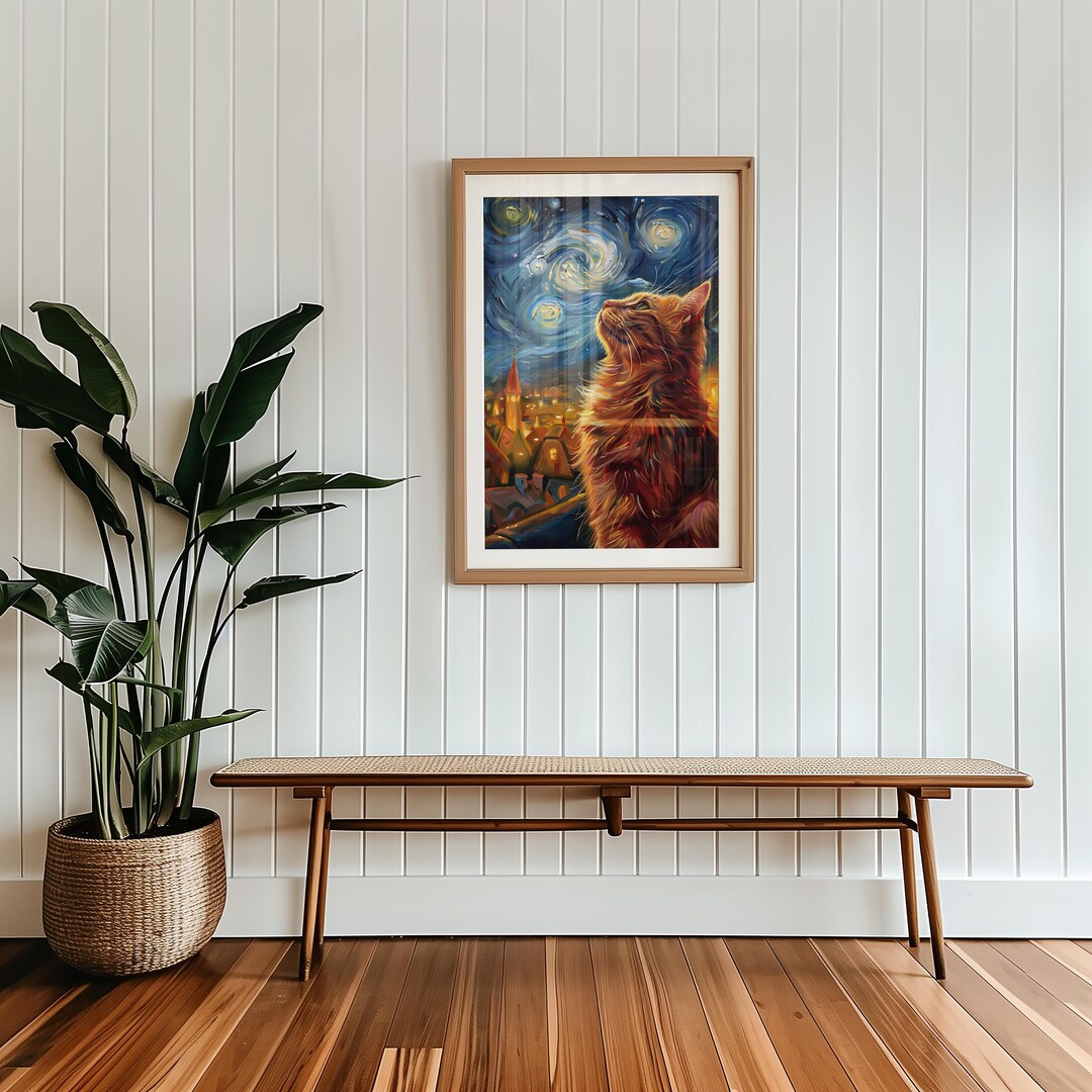 Cute Ginger Cat in the Night Van Gogh Style Starry Night Wall Art ...