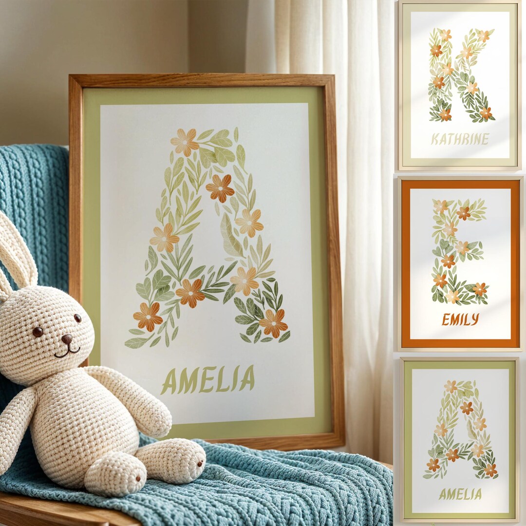 Custom Initial Floral Name Poster – Personalized Wall Art for Kids ...