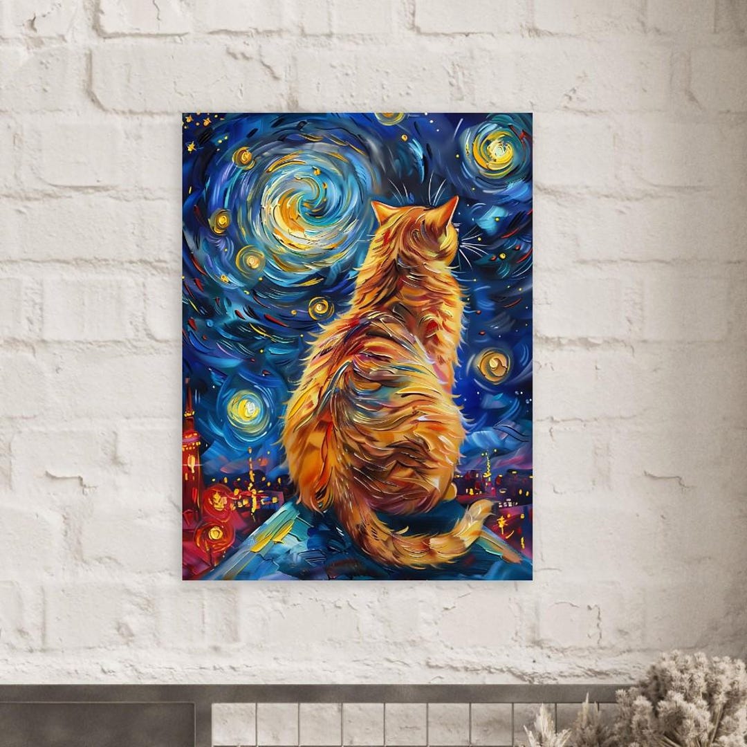 Ginger Cat in the Night Van Gogh Style Starry Night Classic Semi-glossy ...
