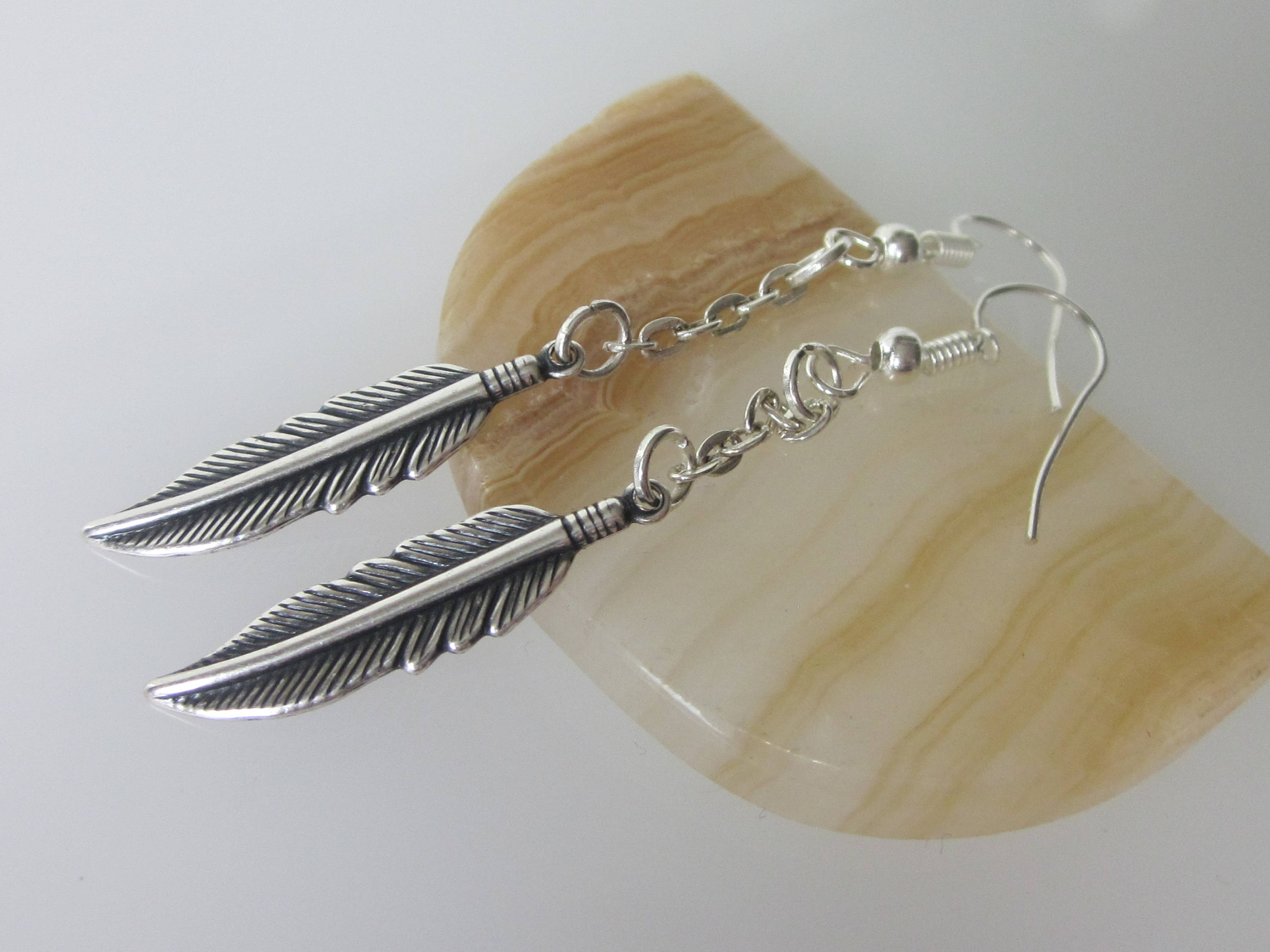 Metal Feather Earrings Medium Silver Feather Mens Dangle - Etsy Singapore