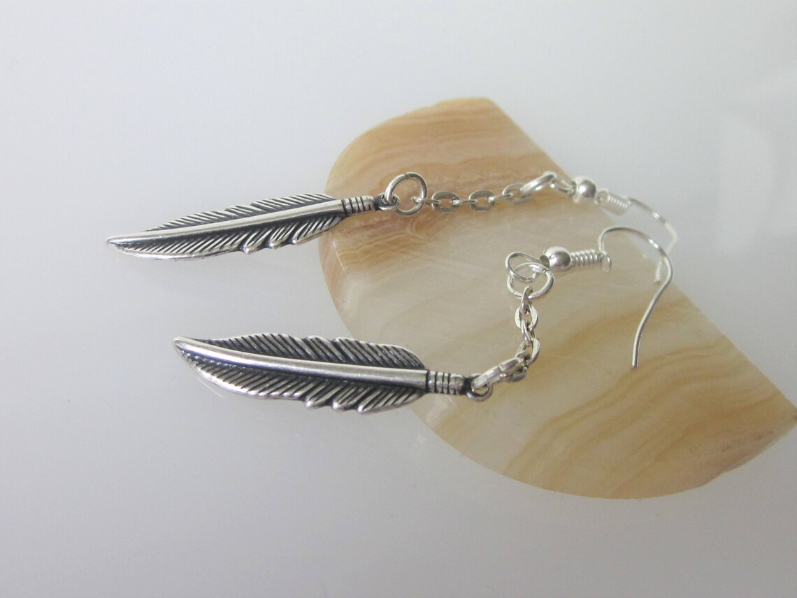 Metal Feather Earrings Medium Silver Feather Mens Dangle - Etsy Singapore