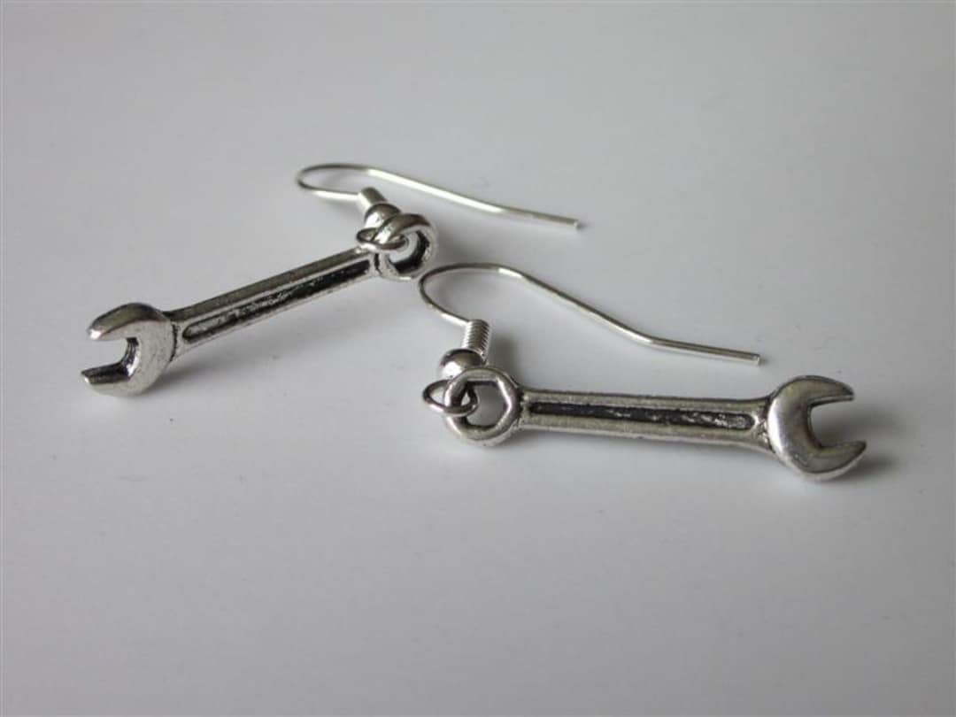 Miniature Wrench Earrings, Antiqued Silver Tool Dangle Earrings ...