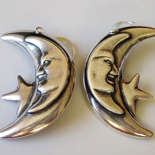 Crescent Moon Earrings Man in the Moon Silver Dangle - Etsy